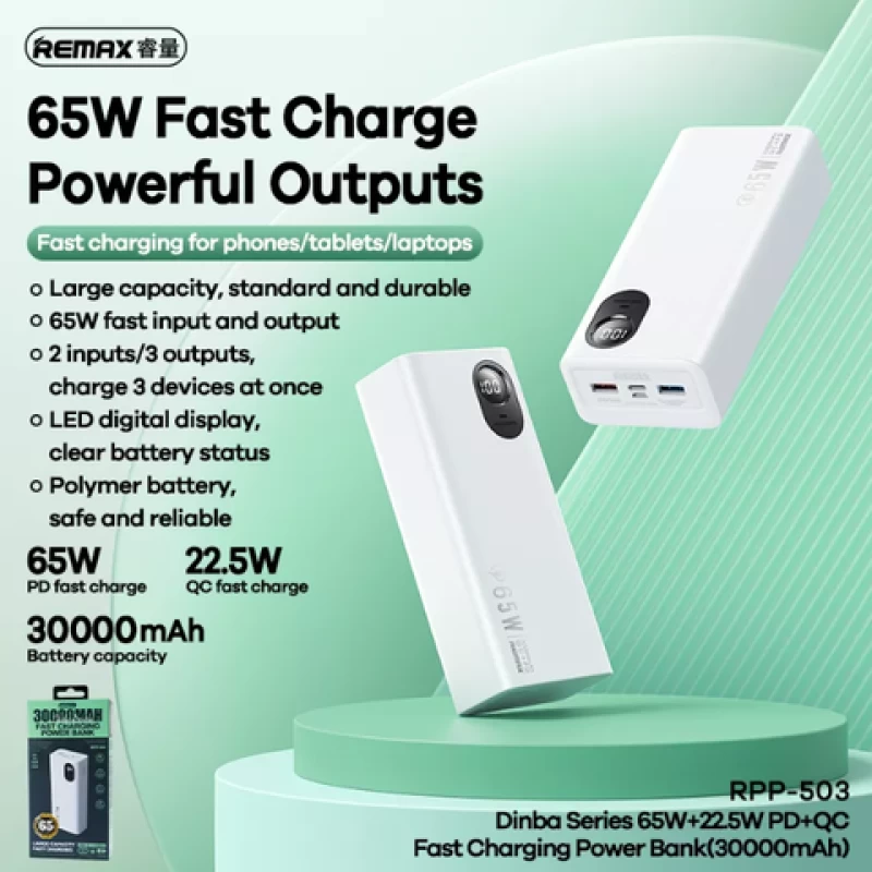 Remax RPP-503 Dinba Series Type-C 65W + 2USB 22.5W 30000mAh Power Bank ...
